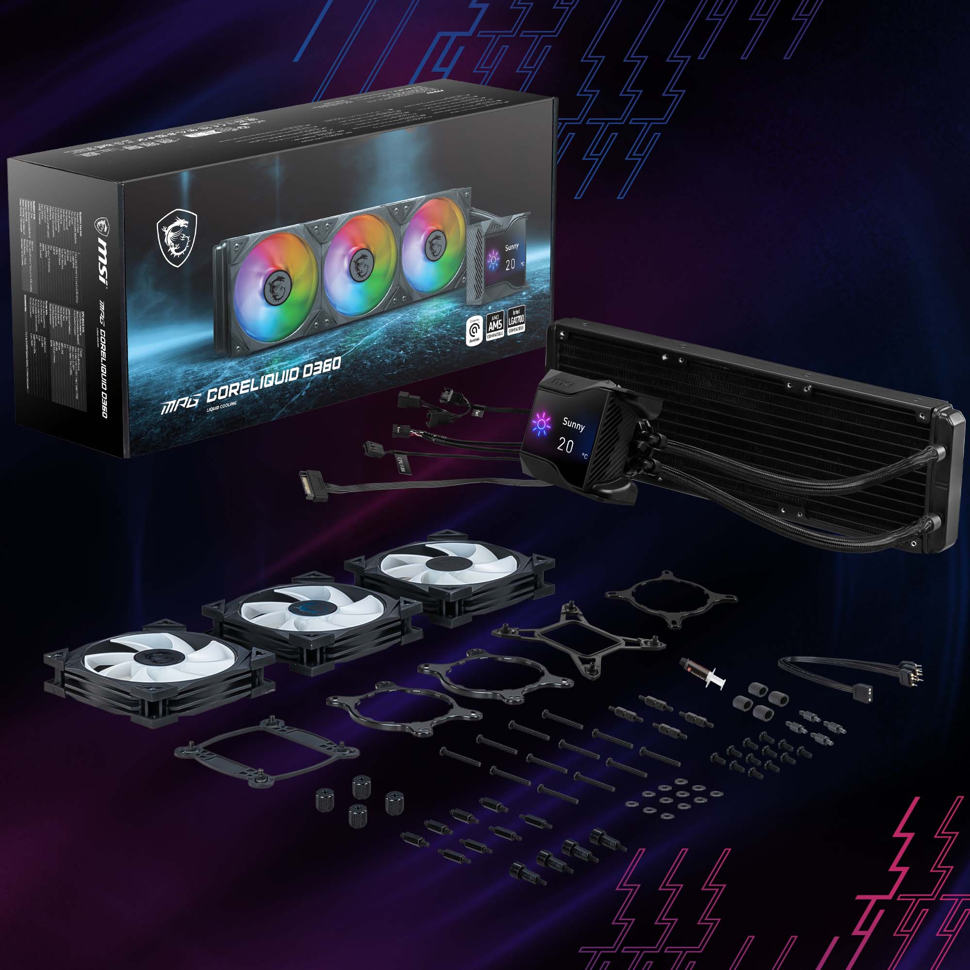 MSI MPG CoreLiquid D360 ARGB CPU Liquid Cooler - 2.4" IPS LCD Screen - 360mm Radiator - Triple ...